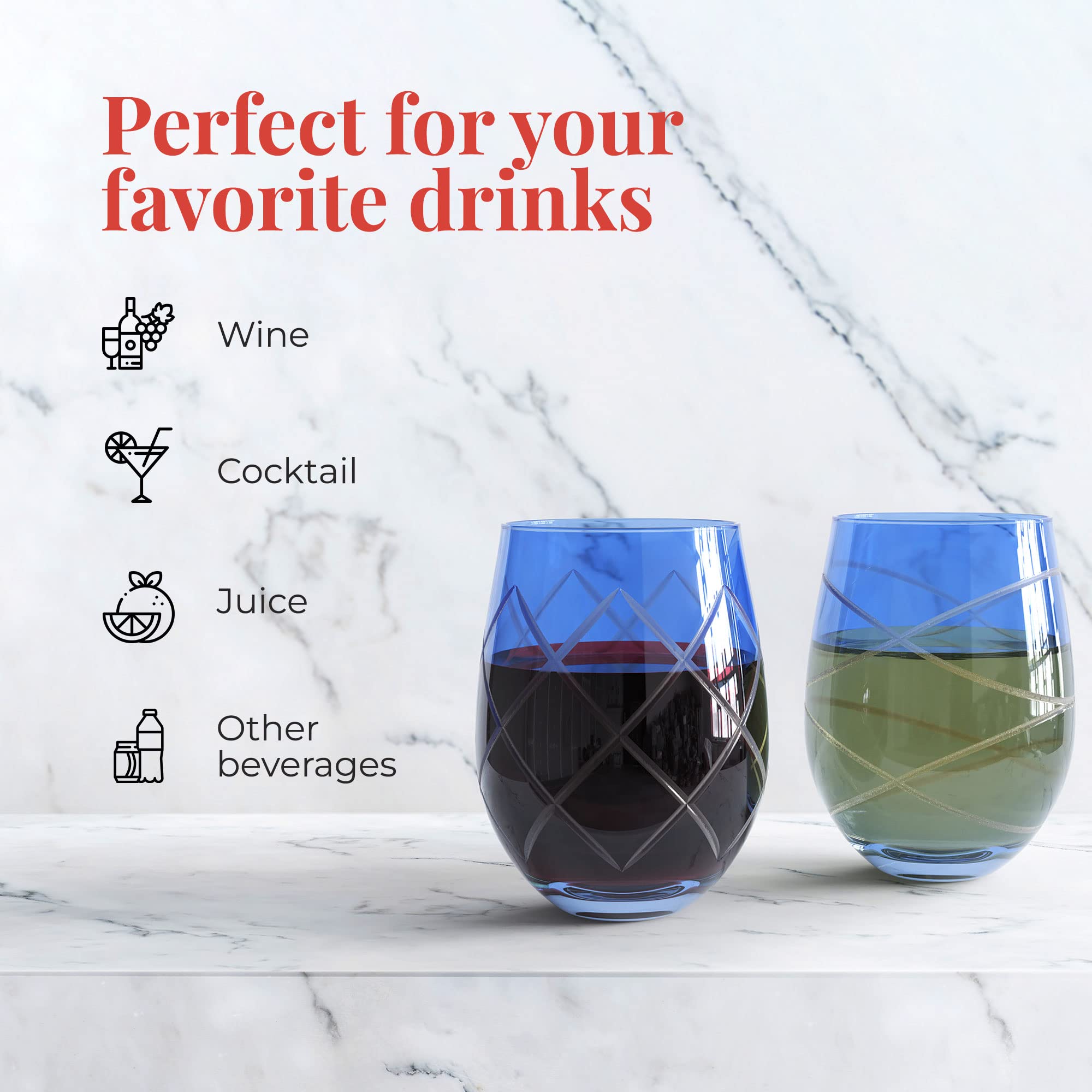 American Atelier Medallion Stemless Wine Glass Set of 6, 17 oz, Etched Patterns, Textured Glass Cups, Glasses for Red or White Wine, Stemless Goblets, Fifth Avenue Crystal, Blue