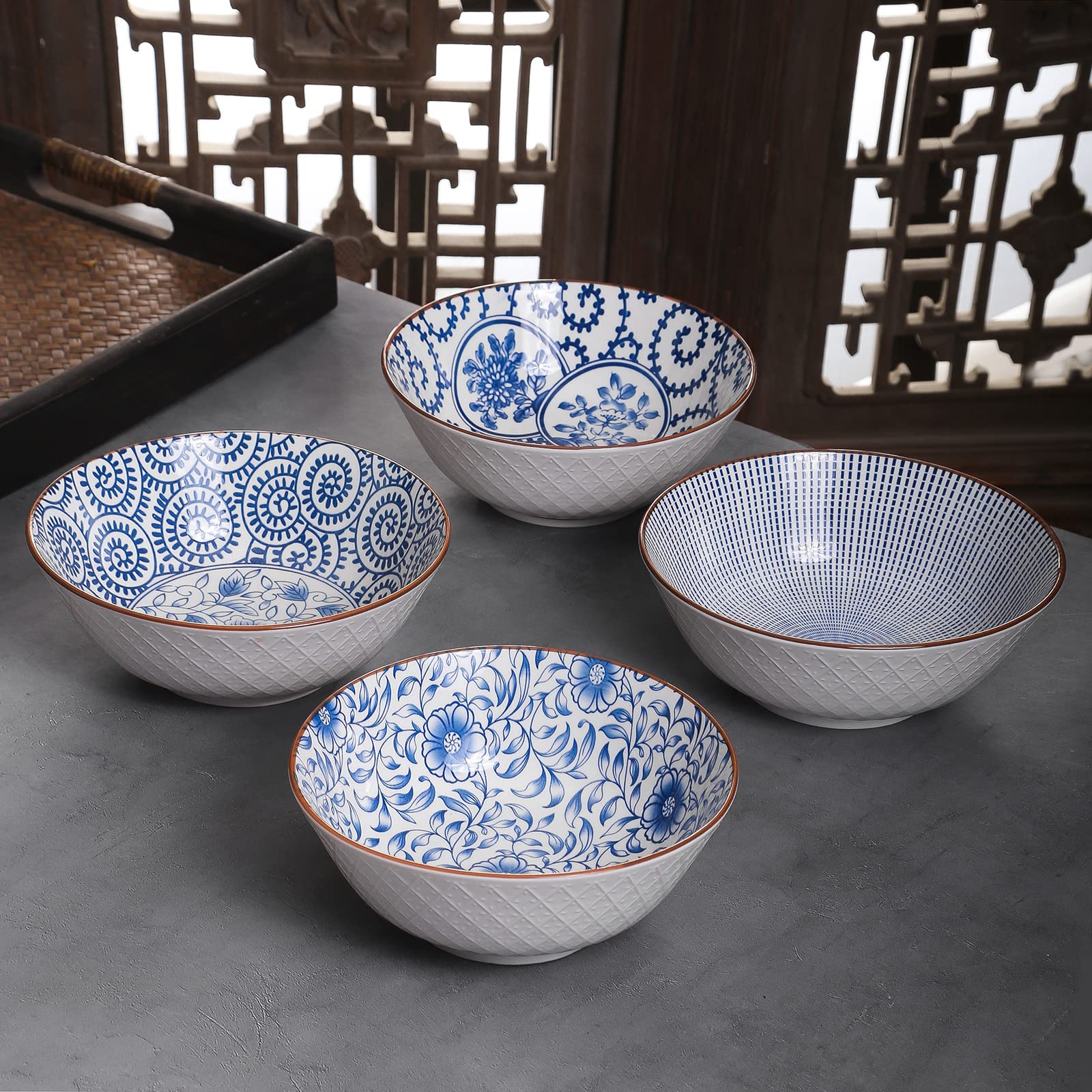 AnBnCn 40 OZ Large Ceramic Bowls Set of 4 - Blue and White Porcelain - Ideal for Pho, Ramen, Salad, Soup, Cereal and Fruit - Dishwasher & Microwave Safe(Assorted Patterns)