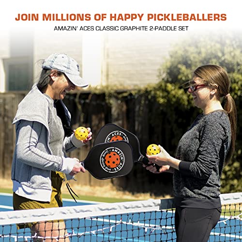 Amazin' Aces Classic Graphite Pickleball Paddles Set of 2 with 4 Pickleball Balls, Lightweight, Black Pickleball Rackets with Soft, Nonslip Comfort Grip Handles & Protective Portable Pickleball Bag