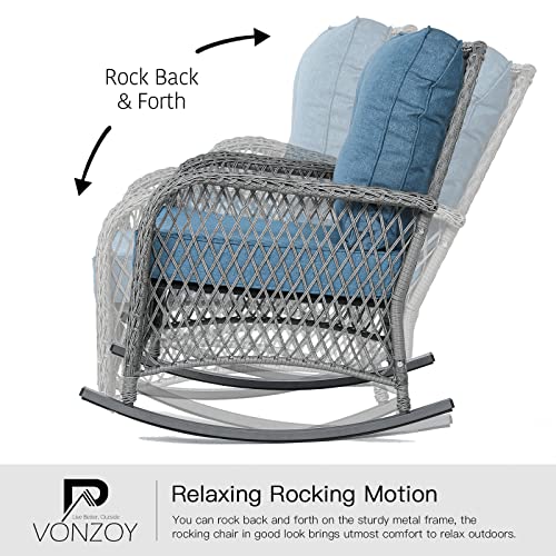 VONZOY Outdoor Rocking Chair, Wicker Patio Furniture with Thickened Cushions for Porch (Blue)