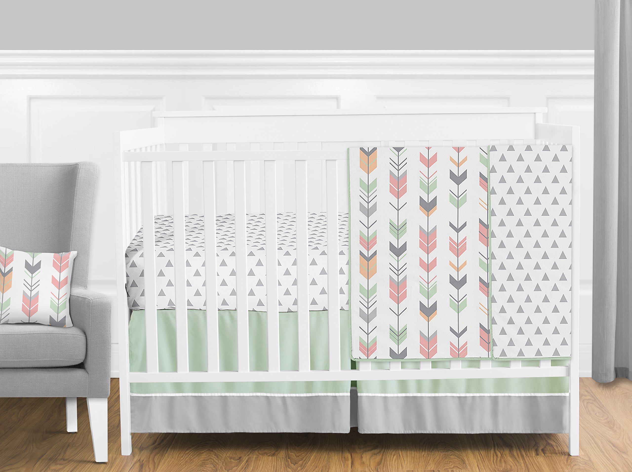 Sweet Jojo Designs Grey, Coral and Mint Woodland Arrow 11 Piece Girls Crib Bed Bedding Set