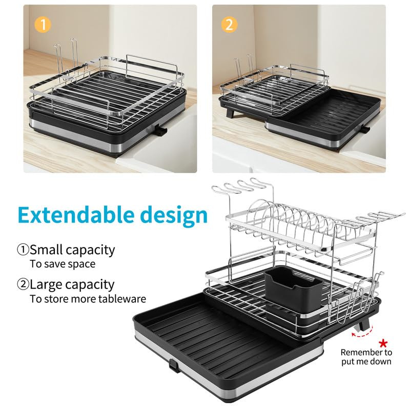 ALICESGARDEN Dish Drying Rack, 2 Tier Dish Rack, Expandable Bottom Dish Racks for Kitchen Counter with Utensil Holder Cutting Board Holder,Rust-Proof Stainless Steel Drying Rack for Kitchen Sink