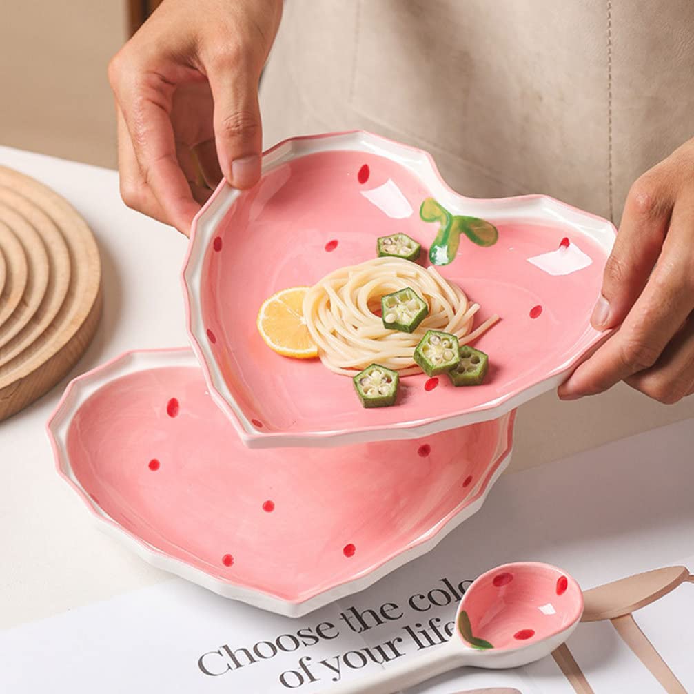 Angoily Ceramic Dessert Bowls Plate: 1 Set Love Heart Shaped Strawberry Salad Bowl with Spoon Porcelain Mixing Bowls for Soup Pasta Dessert Cereal Snack Rice Noodles Ice Cream