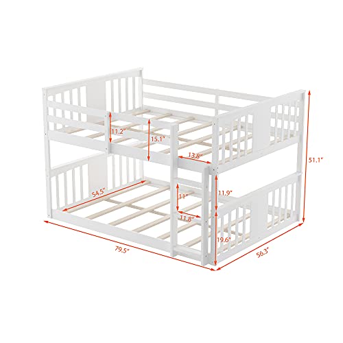 CITYLIGHT Floor Full Over Full Bunk Beds, Wooden Low Full Over Full Bunk Bed for Kids, Toddler Full Bunk Bed for Girls Boys Teens’ Bedroom or Dorm (Full,White)