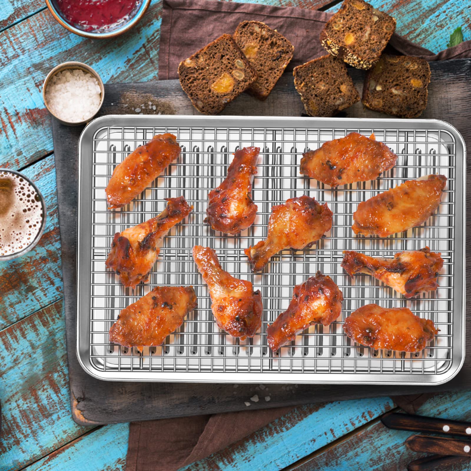 Baking Half Sheet with Rack Set (2 Pans + 2 Racks), Size 16 x 12 x 1 Inches, AIKWI Stainless Steel Cookie Pan with Cooling Rack for Oven, Nonstick Bakeware, Easy Clean & Heavy Duty