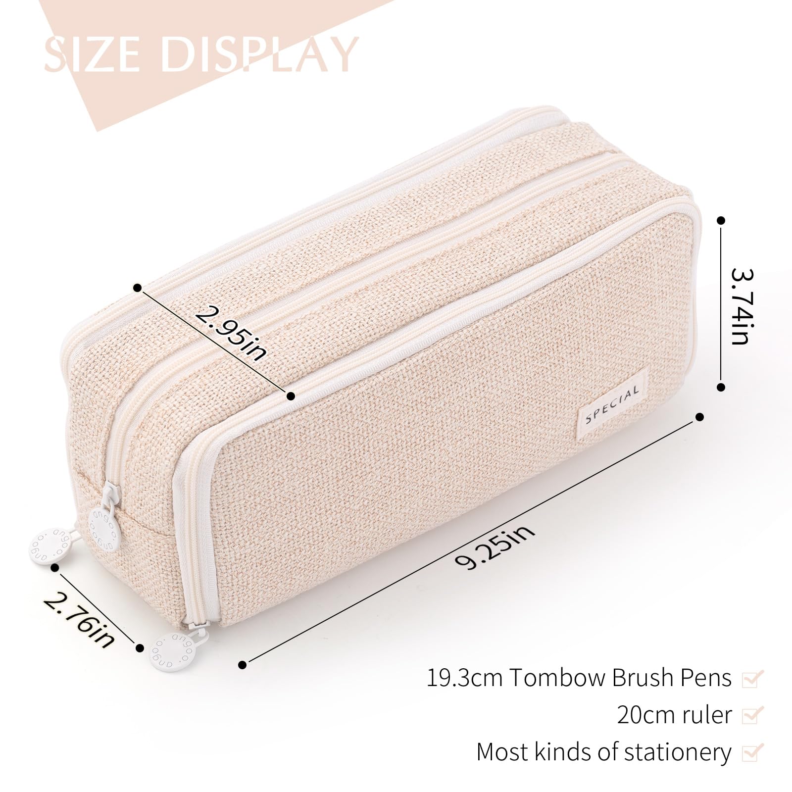 CICIMELON 3 Compartment Pencil Case Bag Big Storage Pencil Pouch Pen Case for School Girls Boys, Beige