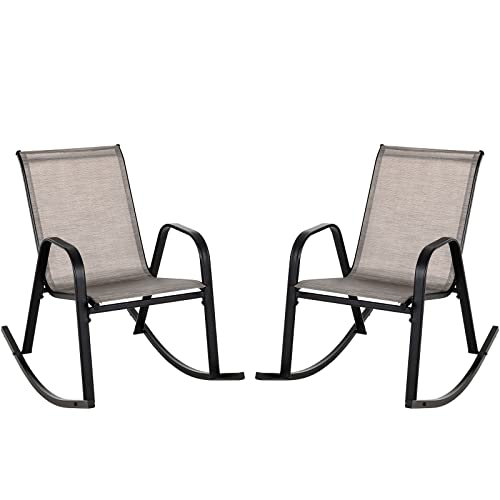 Tangkula Patio Rocking Chair Set of 2, Outdoor Ergonomic Rockers with Breathable Fabric Seat, Gentle Rocking Function, Sturdy Metal Rocker for Front Porch, Backyard, Garden (1, Brown)