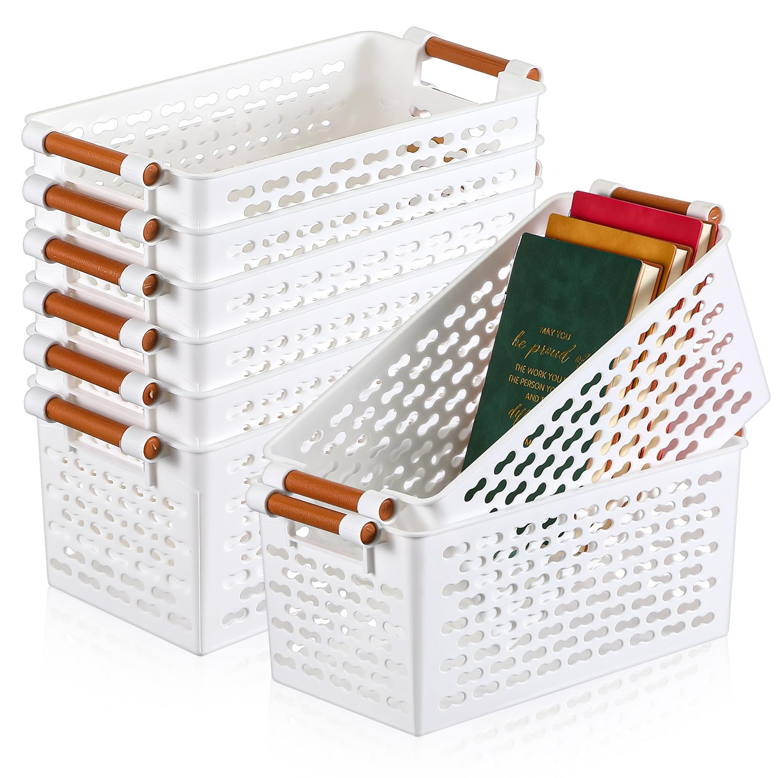 Beeveer 8 Pcs Plastic Storage Basket for Organizing 12 x 6 x 5 Inches Plastic Baskets for Organizer Plastic Storage Bins for Shelf Closet Pantry Desktop Home Office(White)