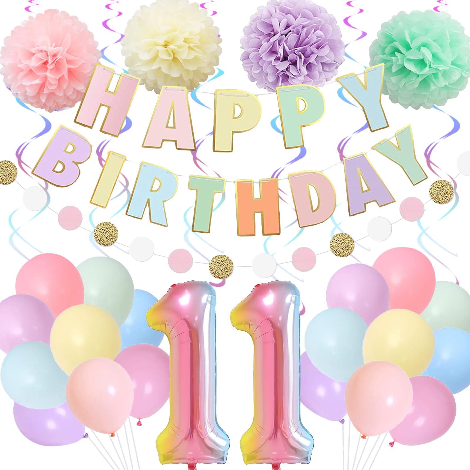 BRT Bearingshui 11th Birthday Decorations, 40 Inch Rainbow Gradient Number 11 Balloon, 11th Birthday Balloon, Happy Birthday Banner, Childrenâs 11th Birthday Party Supplies for Kids