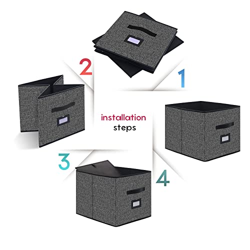Onlyeasy Large Foldable Cloth Storage Cubes 4 Pack with Label Holders - Fabric Storage Bins Baskets Organizers for Home Office Nursery Cubby with Leather Handles, 13Wx15Dx13H Inch, Black, MXABXL04PLP