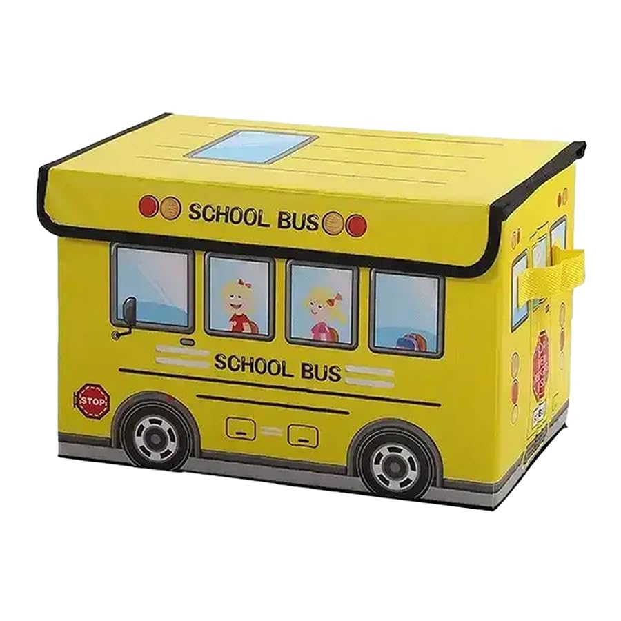 Bus Storage Box for Kids, Foldable Toy Boxes Books, Children's Toy Bin with Lids, School Design for Boys and Girls, Multi-Function Toy Box, Gift Set, Toddler Playroom (3)