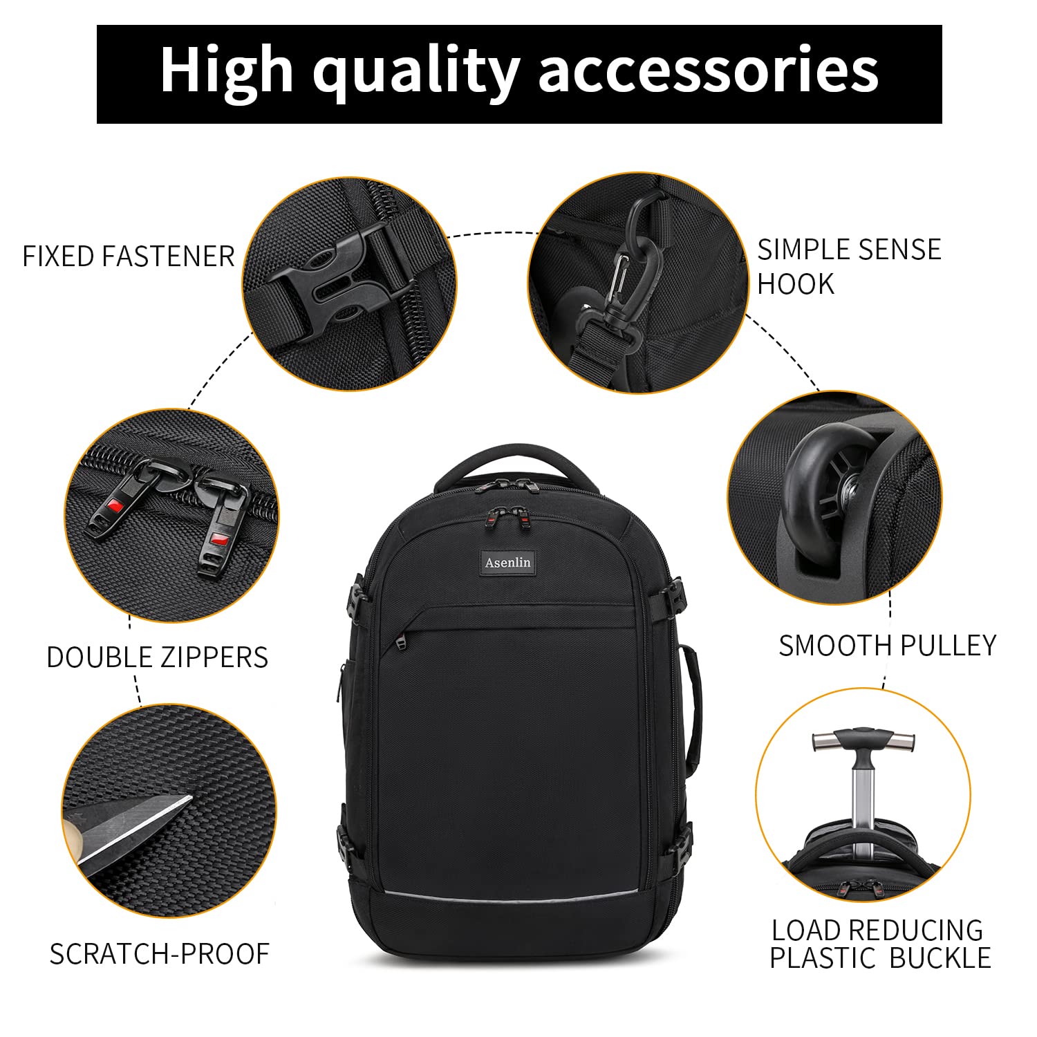 Asenlin 40L Rolling Backpack for Travel,Water Resistant Wheeled Laptop Backpack for Business,Fits 15.6-17 Inch Notebook,Durable Roller Computer Backpack for Women Men,Black
