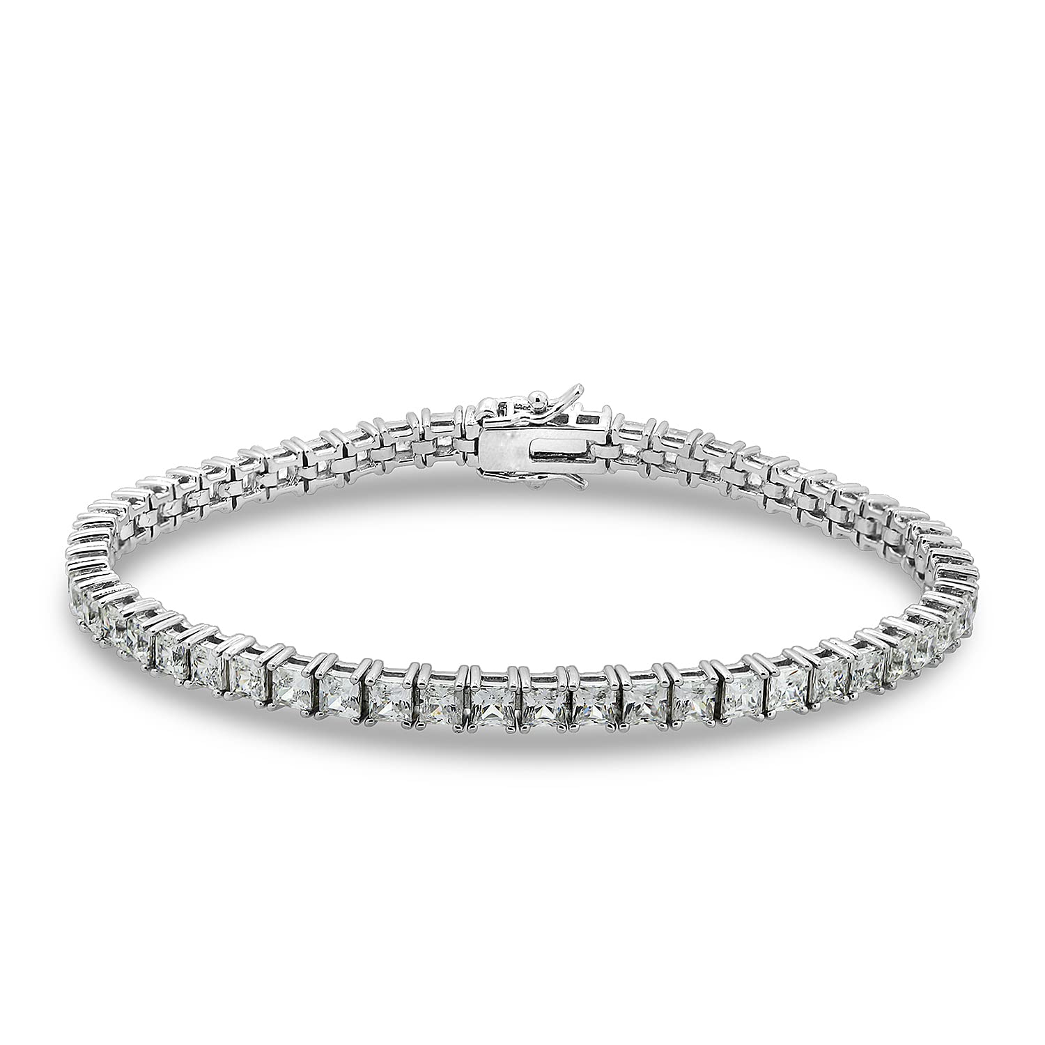 Amazon Collection Platinum Plated Silver Princess-Cut Tennis Bracelet made with Infinite Elements Cubic Zirconia (4mm), 7.25"