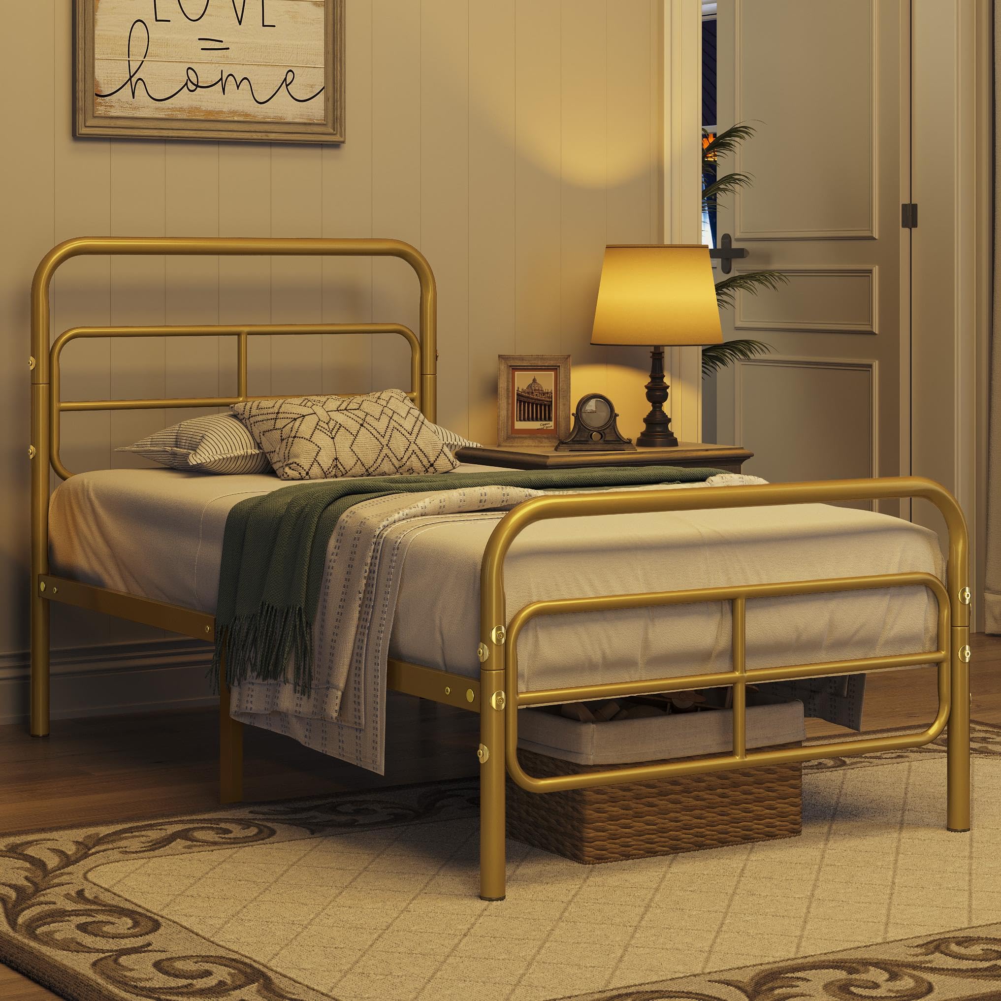 Yaheetech Twin Bed Frame Metal Platform Bed with Geometric Patterned Headboard, Mattress Foundation with Under Bed Storage/Sturdy Slat Support, No Box Spring Needed, Antique Gold