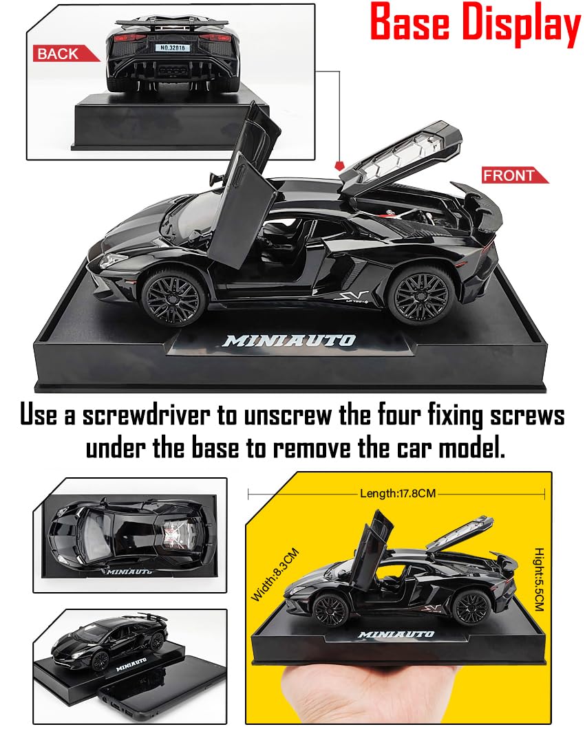 iLooboo Alloy Collectible Black Lambo Toy Car Model Pull Back Die-Cast Vehicle with Lights and Sound