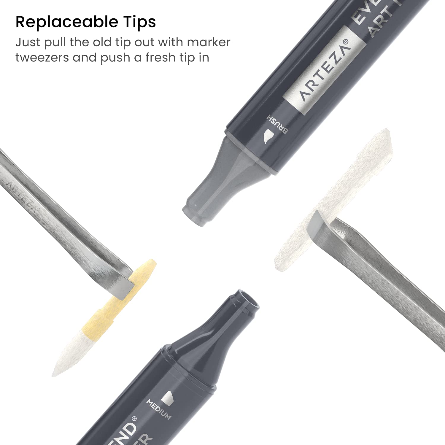 ARTEZA Marker Tip Pack, 10 Rubber Brush Nibs, Marker Nib Replacements for EverBlend Alcohol Markers, Art Supplies for Drawing, Sketching, and Lettering