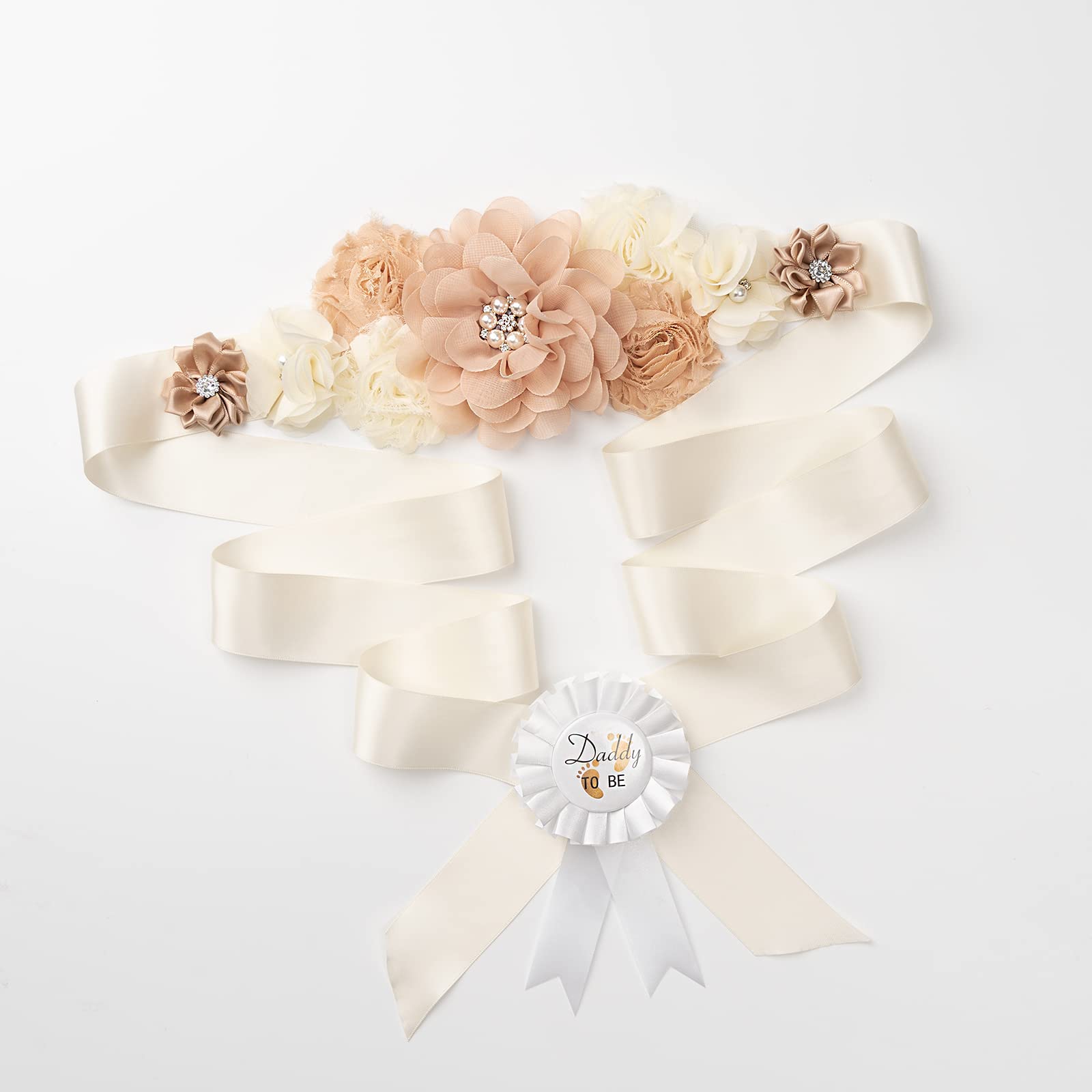 Baby Shower Maternity Sash Belly Belt, Mom to Be & Dad to Be Button Pin, Pregnancy Maternity Flower Sash Belt for Gender Reveal (Khaki)