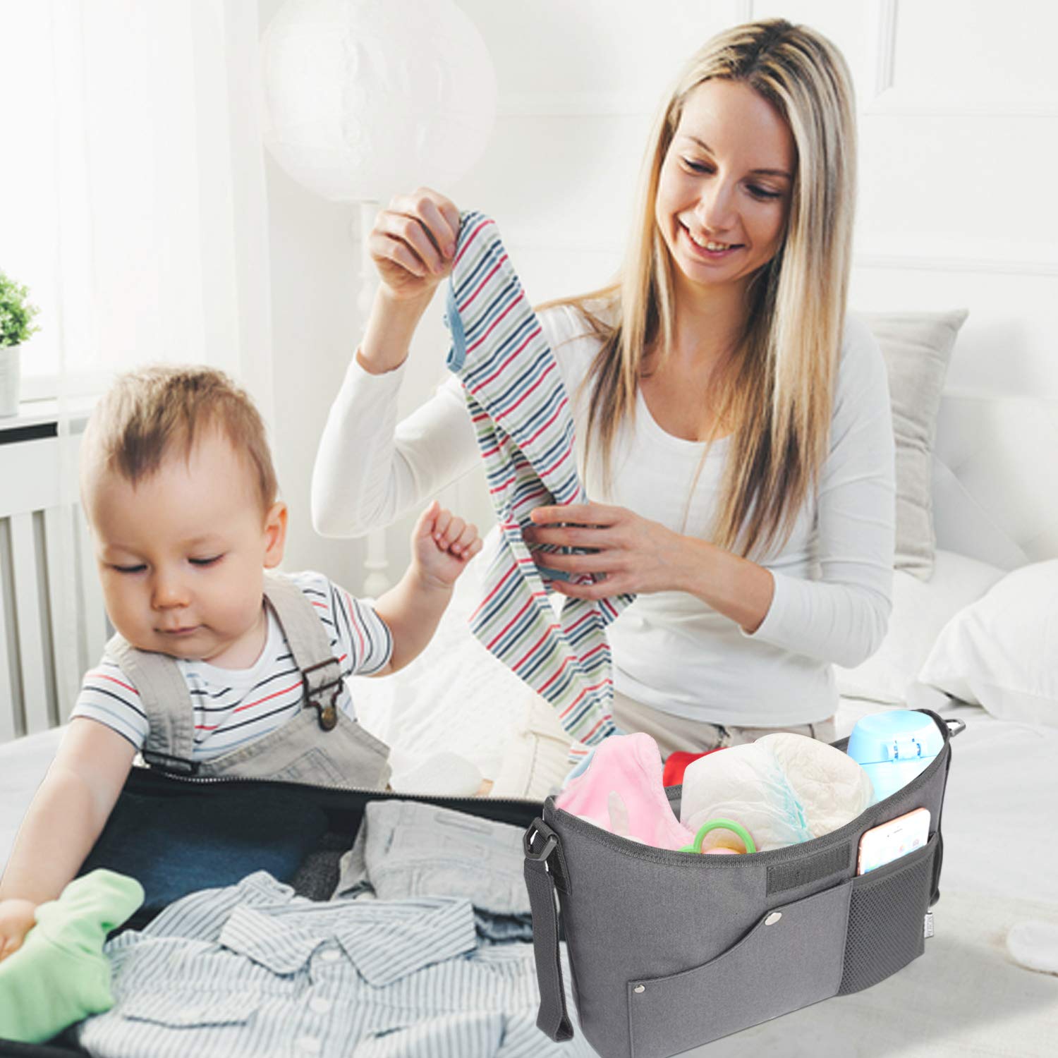 AJ KEEGAN Universal Baby Stroller Organizer with Cup Holders - The Only Stroller Accessory You Need - Universal Stroller Organizer Bag Includes Shoulder Strap & Stroller Hook - for Baby Shower Gifts