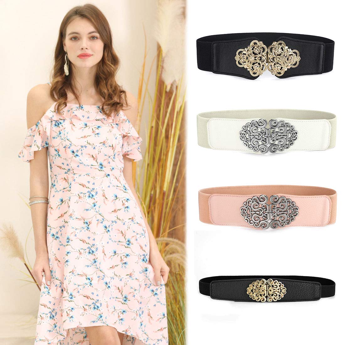 Allegra K Ladies Metal Symmetric Flower Interlock Buckle Textured Elastic Cinch Belt Red-1 Buckle-2
