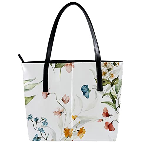 Beautiful Flowers Pattern Tote Bag for Women Girls, Leather Shoulder Bag with Inside Pockets, Zip Top Handbags