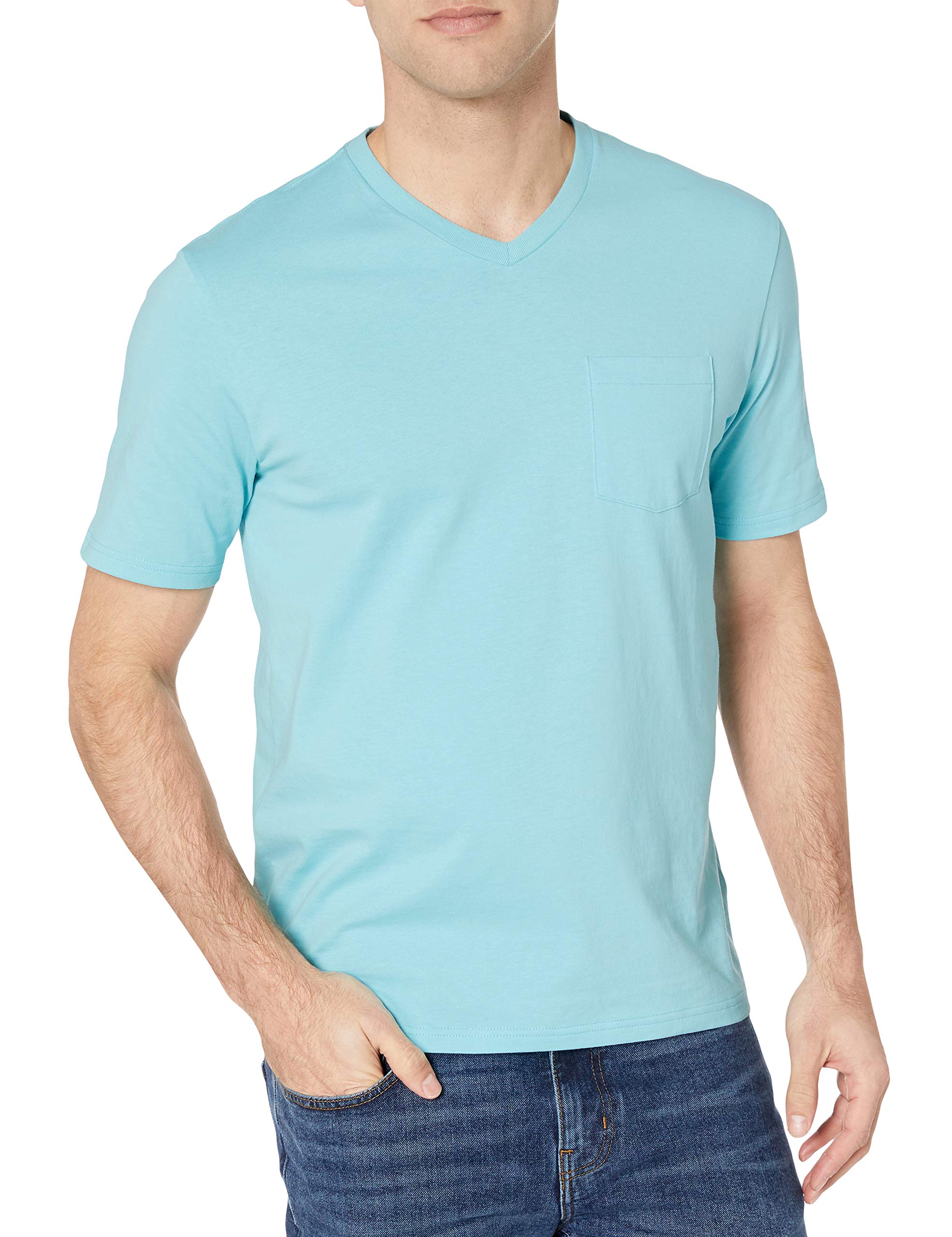 Amazon Essentials Men's Regular-Fit Short-Sleeve V-Neck Pocket T-Shirt, Pack of 2, Aqua Blue/White, Large