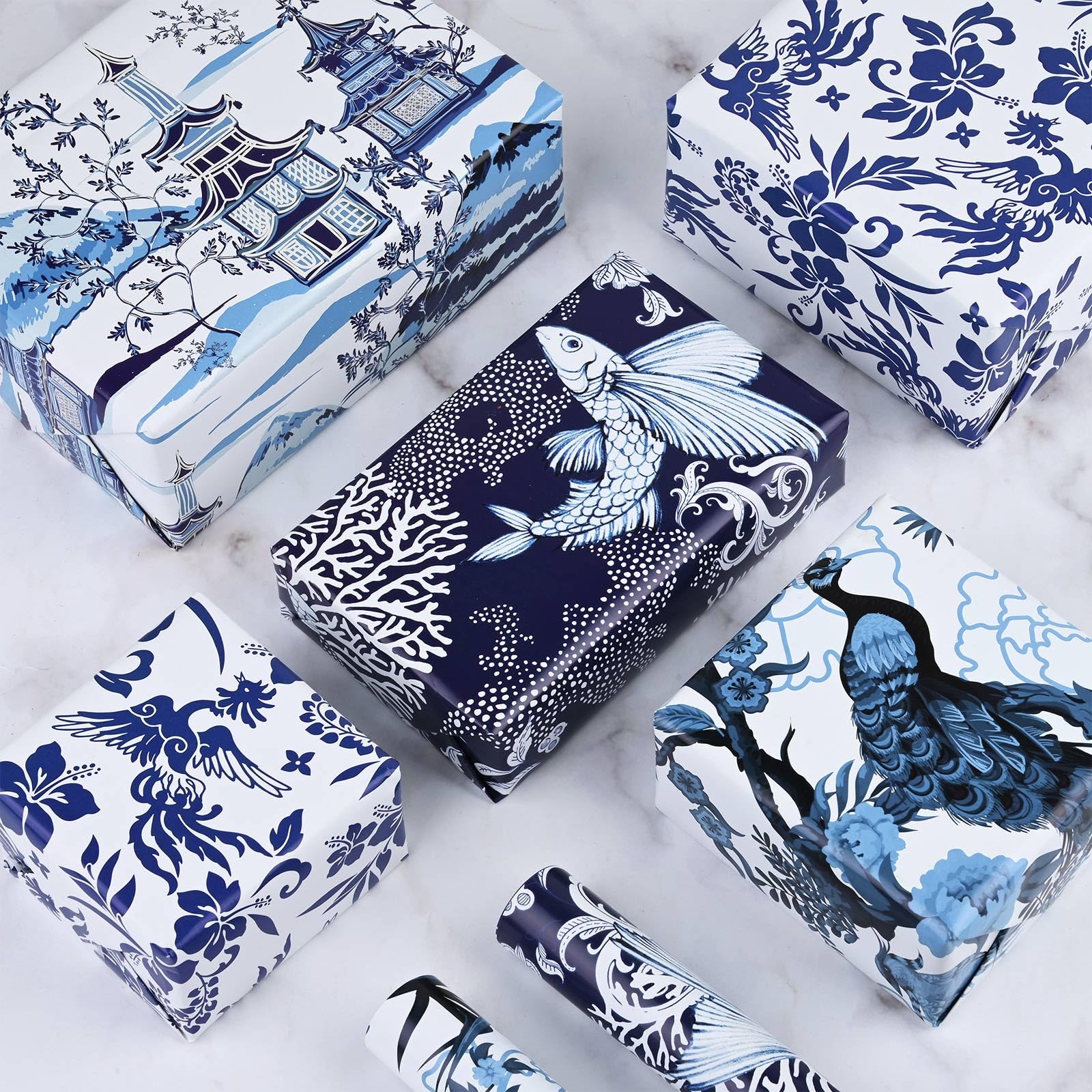 Bolsome 12 Sheets Blue White Chinoiserie Wrapping Paper Blue White Vintage Peony Floral Bird Fish Patterned Gift Wrap Paper for Wedding Bridal Shower Birthday DIY Craft