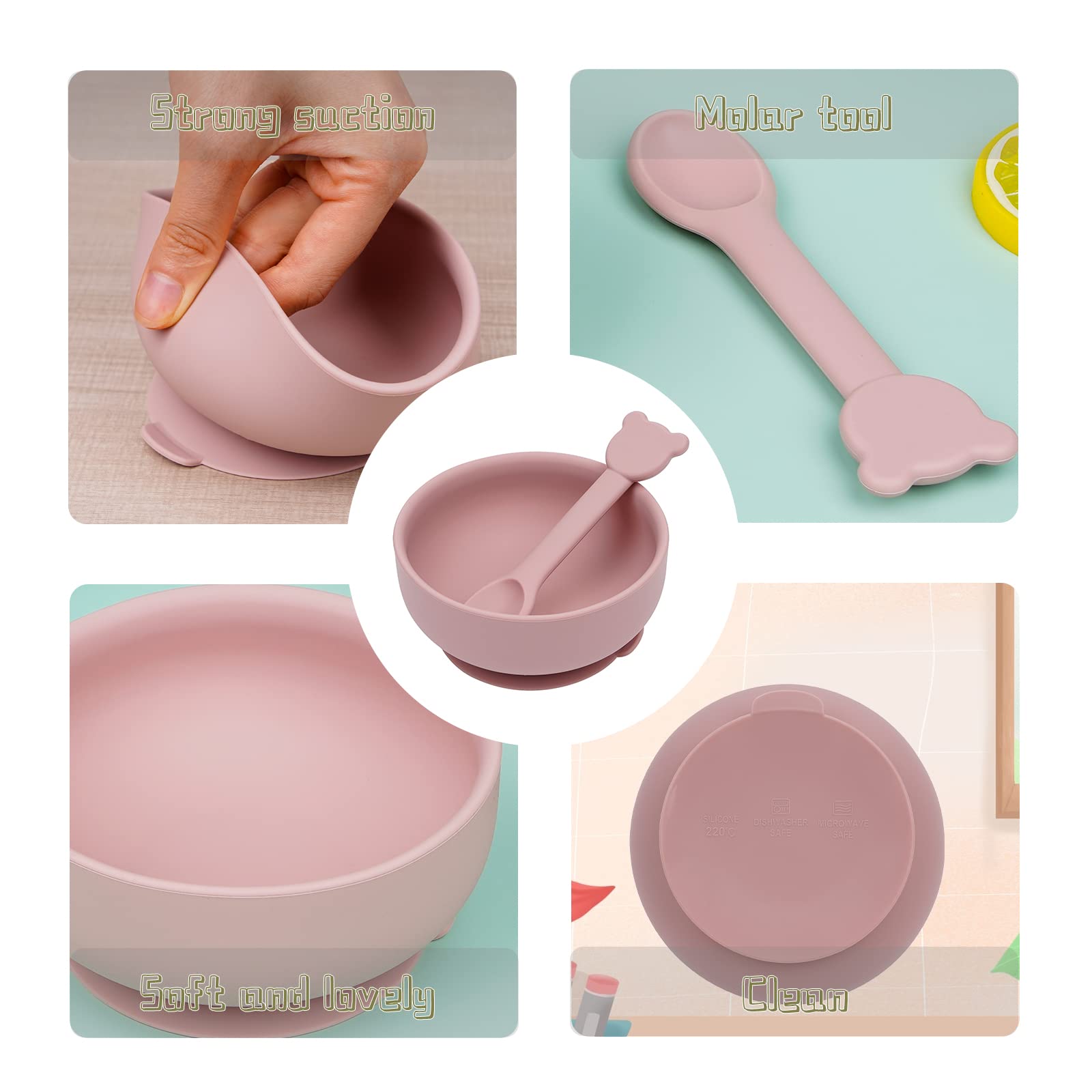 Baby Silicone Suction Cup Bowl + Spoon|BPA Free|Super Upgraded Suction|Suitable for Babies and Toddlers|Easy to Clean,|Dishwasher, Microwave, and Refrigerator Safe. (Light Pink)