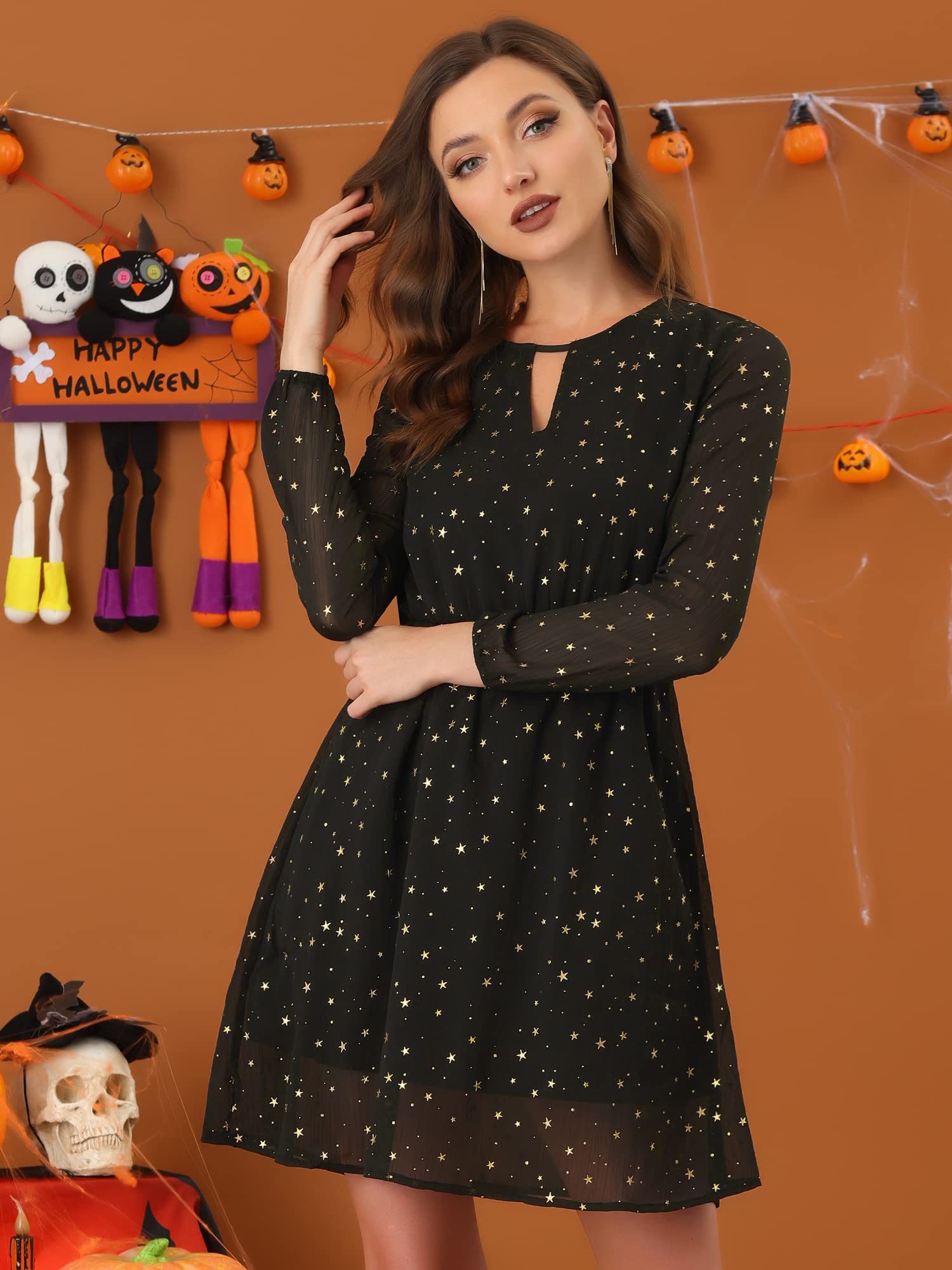 Allegra K Women's Choker V Neck Gilding Metallic Star Halloween Party Flared A-Line Dress Medium Black