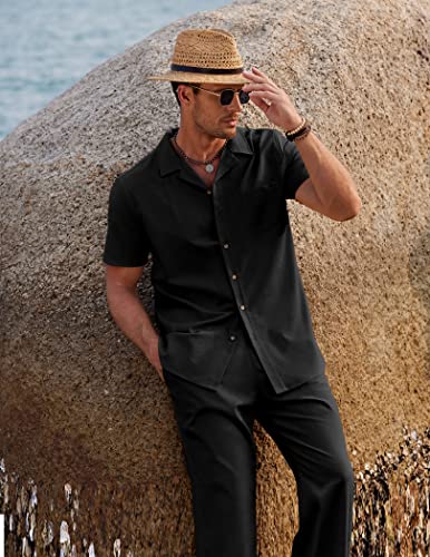 COOFANDY Mens Coordinated Outfit Linen Beach Casual Cuban Button Up Shirts Drawstring Pants, Black, X-Large