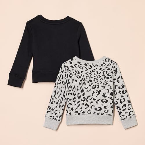 Amazon Essentials Girls' Fleece Crew-Neck Sweatshirts, Pack of 2, Black/Light Grey Heather Leopard, Medium