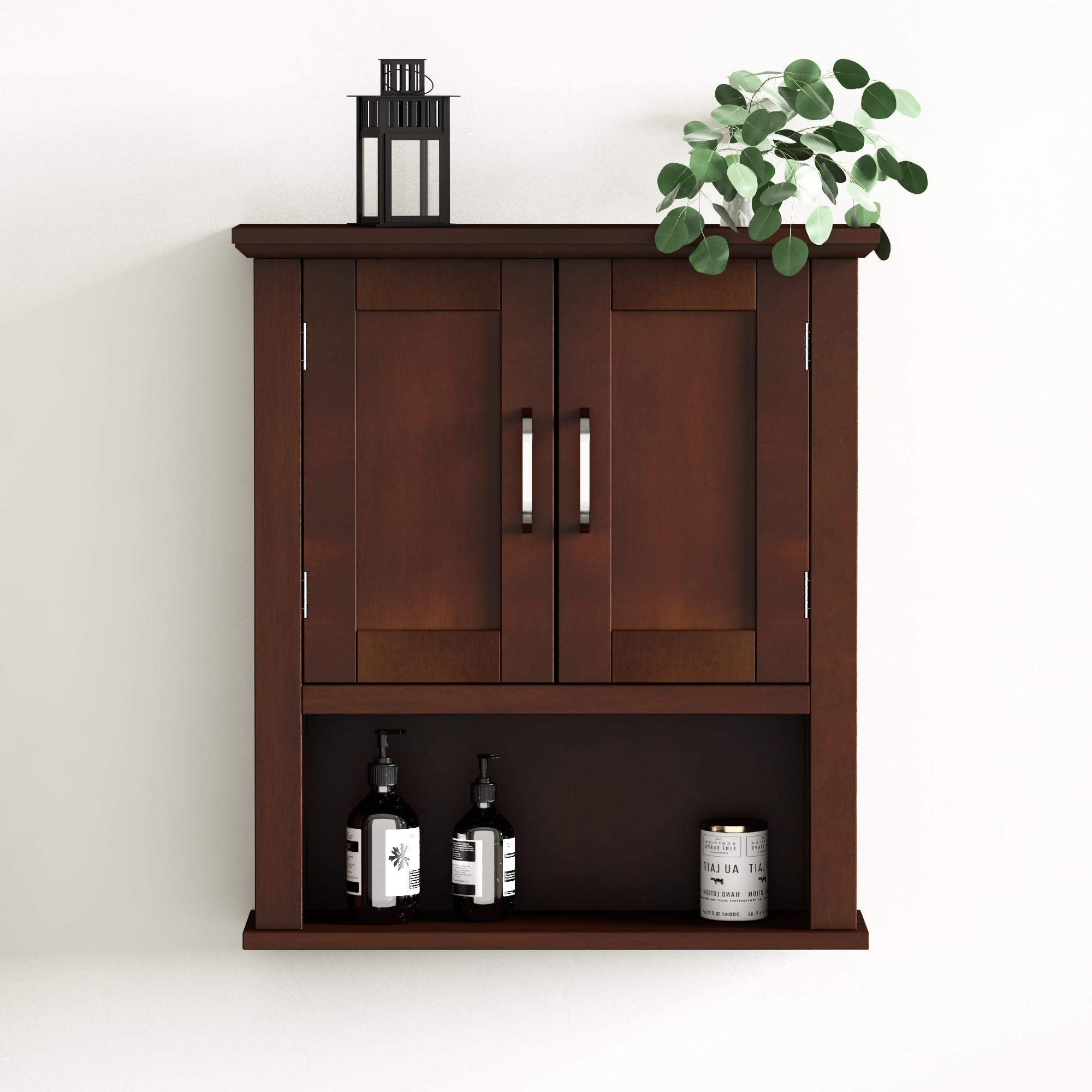 ChooChoo Wood Wall Cabinet with Doors, Medicine Cabinet with Adjustable Shelves Over The Toilet, Rustic Cabinet Wall Mounted for Bathroom, Kitchen, Living Room, Dark Cherry