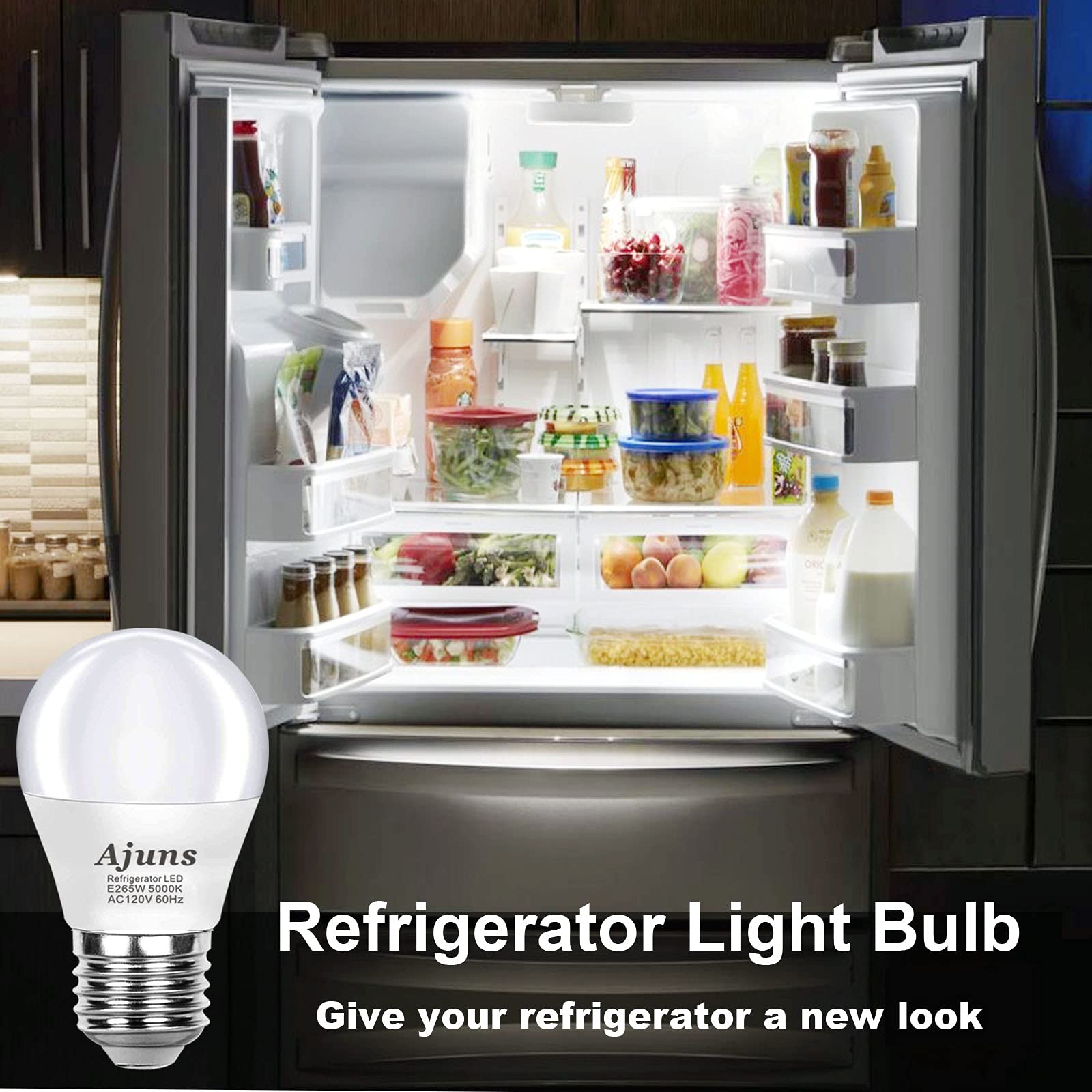 Ajuns LED Refrigerator Light Bulb 40W Equivalent 120V Freezer Waterproof Light Bulbs, Energy-Saving A15 Appliance Fridge Light Bulbs,5W Daylight White 5000K E26 Base, Non-Dimmable 2 Packs