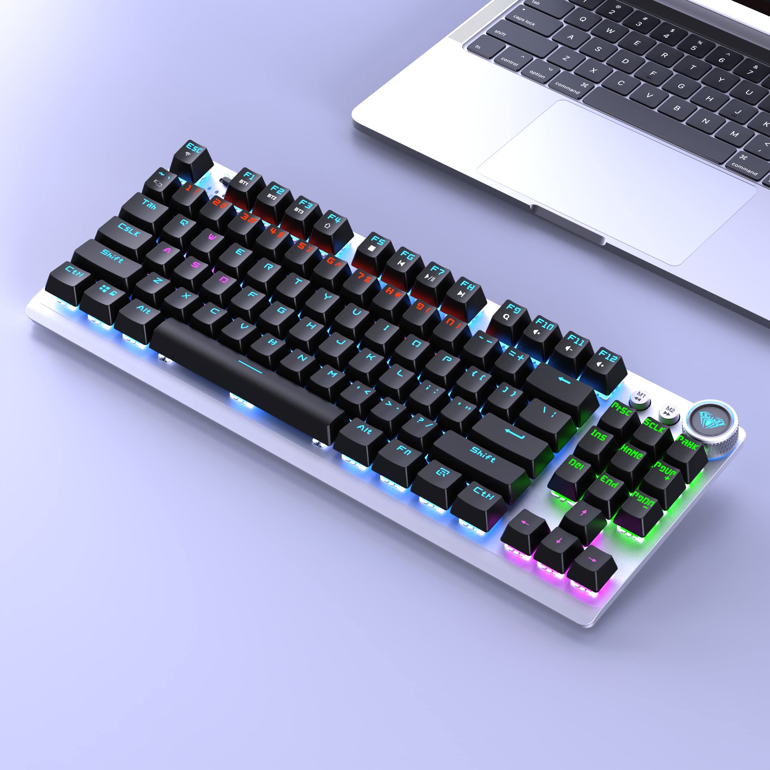 AULA TKL Mechanical Gaming Keyboard,2.4G/BT5.0/Wired,Wireless 87 Keys Rainbow LED Backlit Tenkeyless Bluetooth Keyboard with Blue Switch-Black