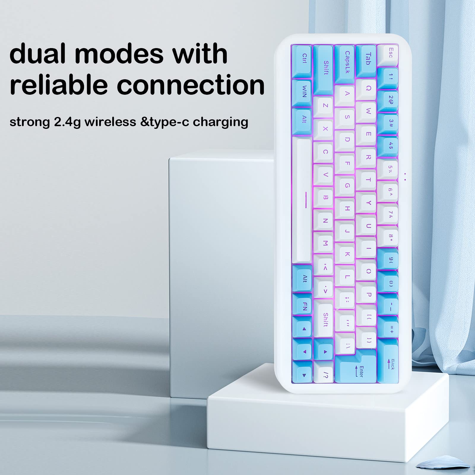 Apuode 60% Wireless Gaming Keyboard, RGB Backlit Ultra-Compact Mini Keyboard with Wrist Rest, Waterproof Mini Compact 61 Keys Keyboard for PC/Mac Gamer, Easy to Carry on Business Trip(White)