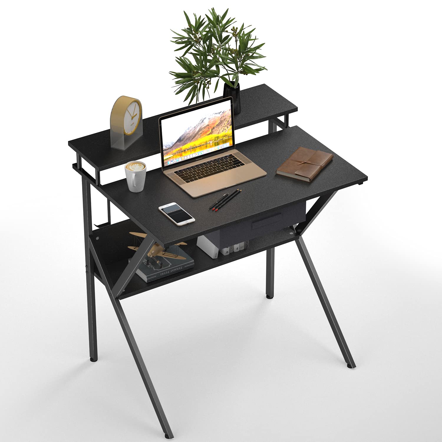 Aludest Computer Desk with 2-Tier Shelf Table for Small Spaces,Home Office Working Study Writing Table with Raised Shelf and Storage Drawer Student K-Frame Desk Skid Pads 29 inch