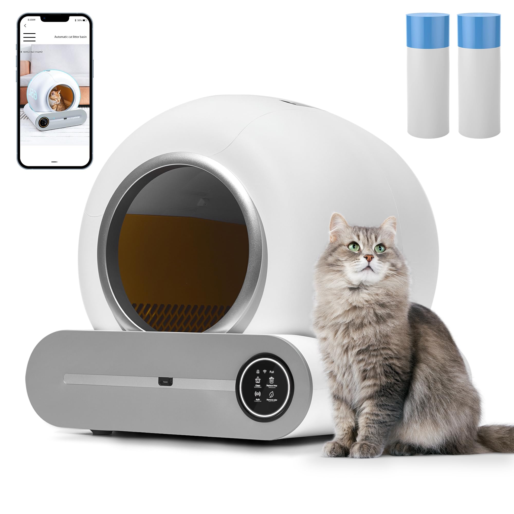 Angol Shiold Automatic Self Cleaning Cat Litter Box 65L Extra Large Capacity Smart Kitty Litter Box with App Control/Odor Removal/Low Noise for Multiple Cats (Silver)