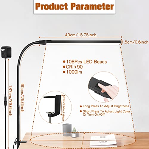 Aedcbaide Desk Lamp for Home Office 108PCS LED Desk Lamp 40CM Head Flexible Gooseneck Desk Light, Eye-Caring Touch Control, 3 Color Modes Stepless Dimmable Brightness Clamp Lamp for Reading Study