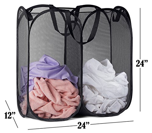 Mesh Popup Laundry Hamper - Two Compartments, Collapsible for Storage and Easy to Open. Folding Pop-Up Clothes Hampers are Great for The Kids Room, College Dorm or Travel. (Black)
