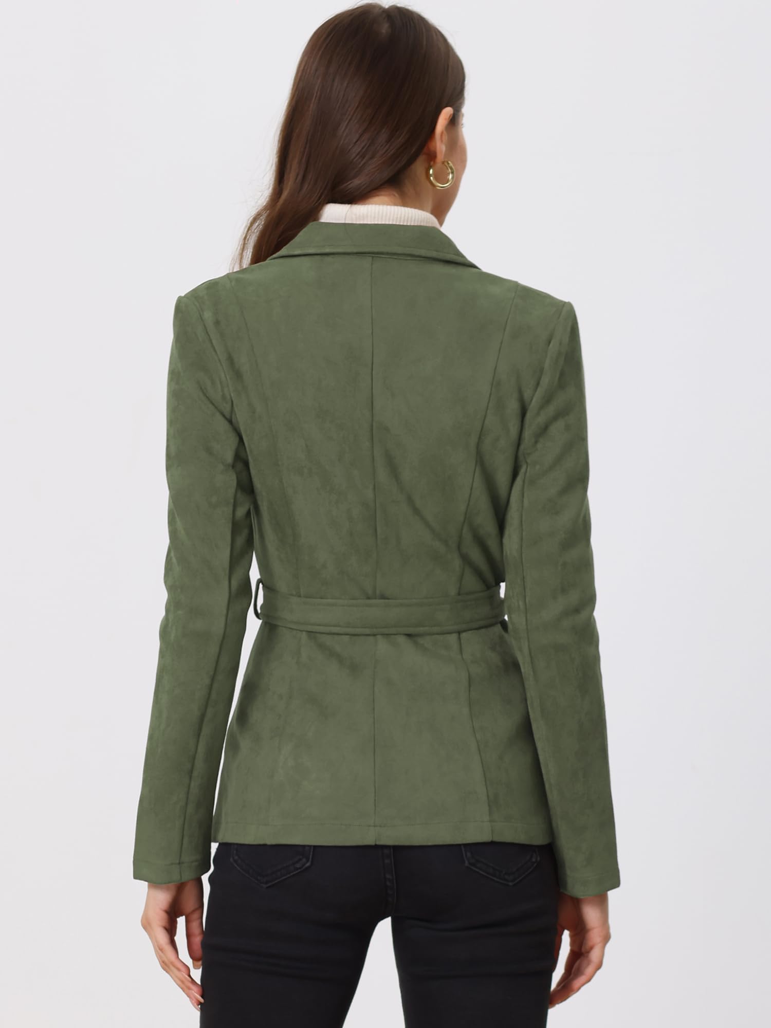 Allegra K Women's Faux Suede Blazer Belted Lapel Outwear Single Breasted Work Jacket Medium Army Green