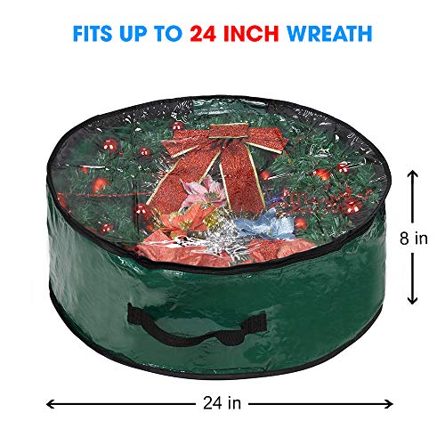 Propik Christmas Wreath Storage Bag 24" - Garland Holiday Container with Clear Window - Tear Resistant Fabric - 24" X 24" X 8" (Green)