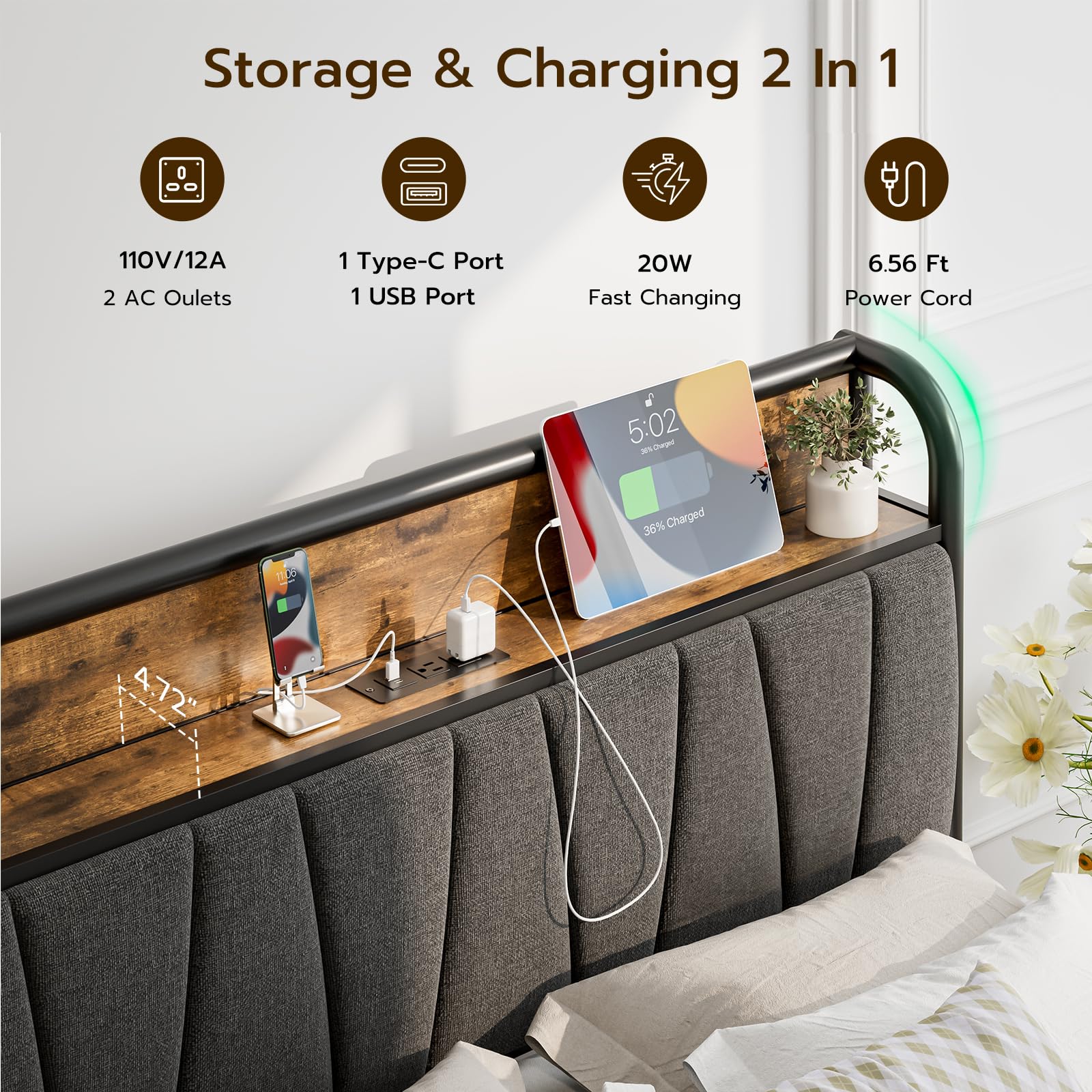CIKUNASI Queen Size Bed Frame with Headboard and Storage, 4 Drawers Platform Bed Frame with Storage Chargin Station LED Light Bed Frame, No Box Spring Needed