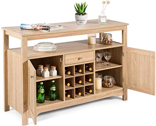 ReunionG Buffet Sideboard, Wine Console Table, Wooden Kitchen Organizer w/2 Cabinets, 1 Drawer and 9 Wine Cabinets, Farmhouse Storage Cupboard, Wine Rack, Server Table, Dining Room Furniture (Natural)