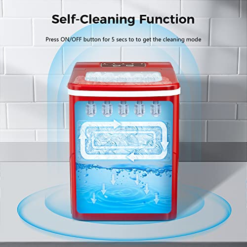 AGLUCKY Ice Makers Countertop with Self-Cleaning, 26.5lbs/24hrs, 9 Cubes Ready in 6~8Mins, Portable Ice Machine with 2 Sizes Bullet Ice/Ice Scoop/Basket for Home/Kitchen/Office/Bar/Party, Red