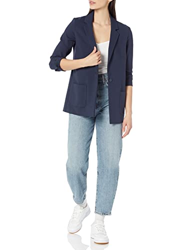Amazon Essentials Women's Relaxed-Fit Soft Ponte Blazer, Navy, Large