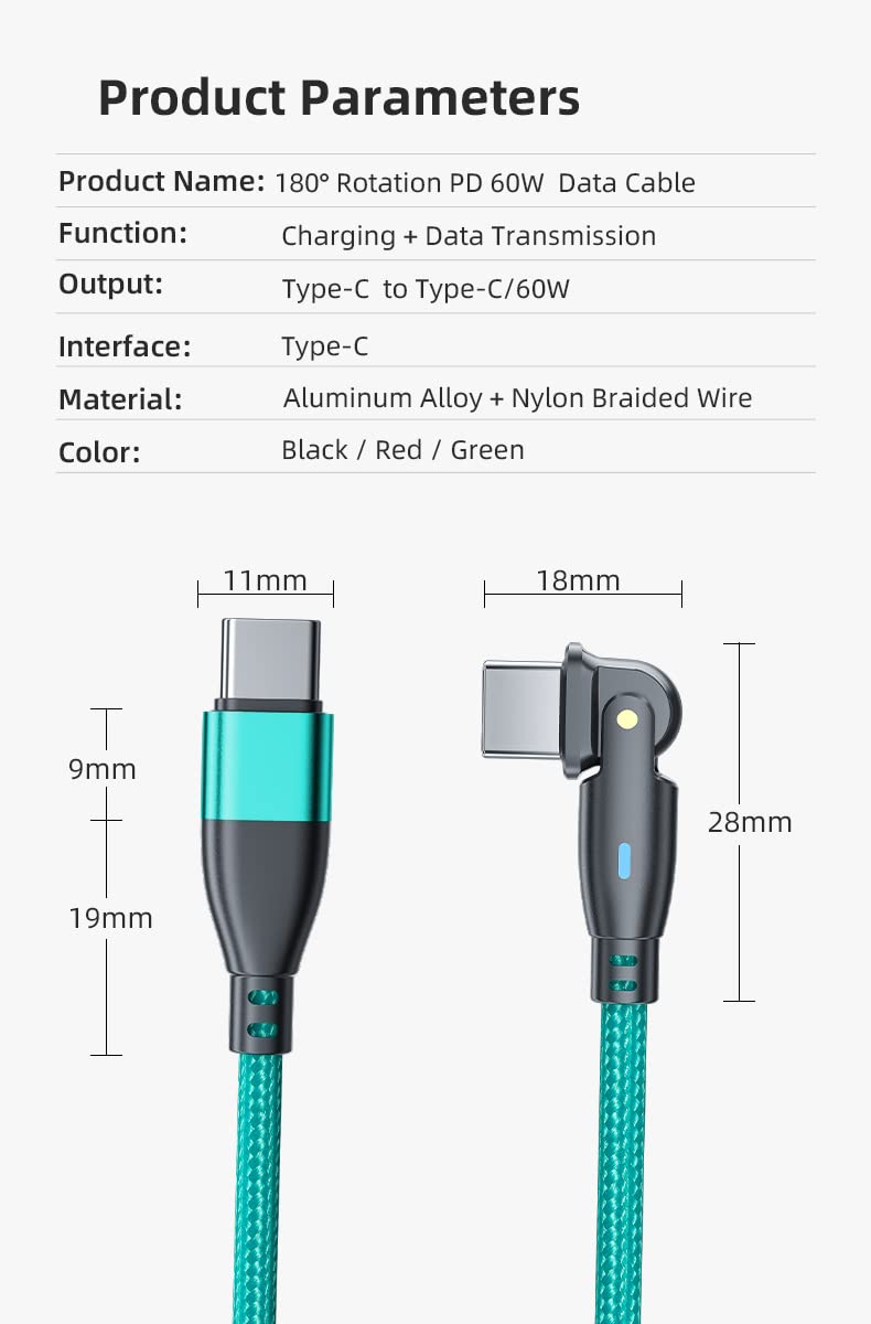 Aporia - PD 60 Watt Type C to C USB Cable Fast Charging Data Transfer 180 Degree Rotating Right Angle Head (Green, 6ft)