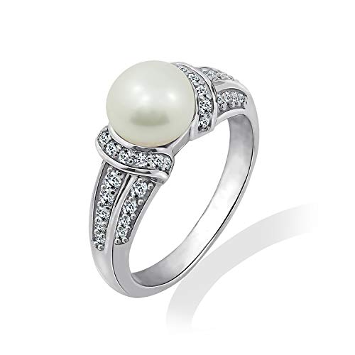 Amazon Collection Platinum Plated Sterling Silver Infinite Elements Cubic Zirconia Freshwater Cultured Pearl Ring, Size 7