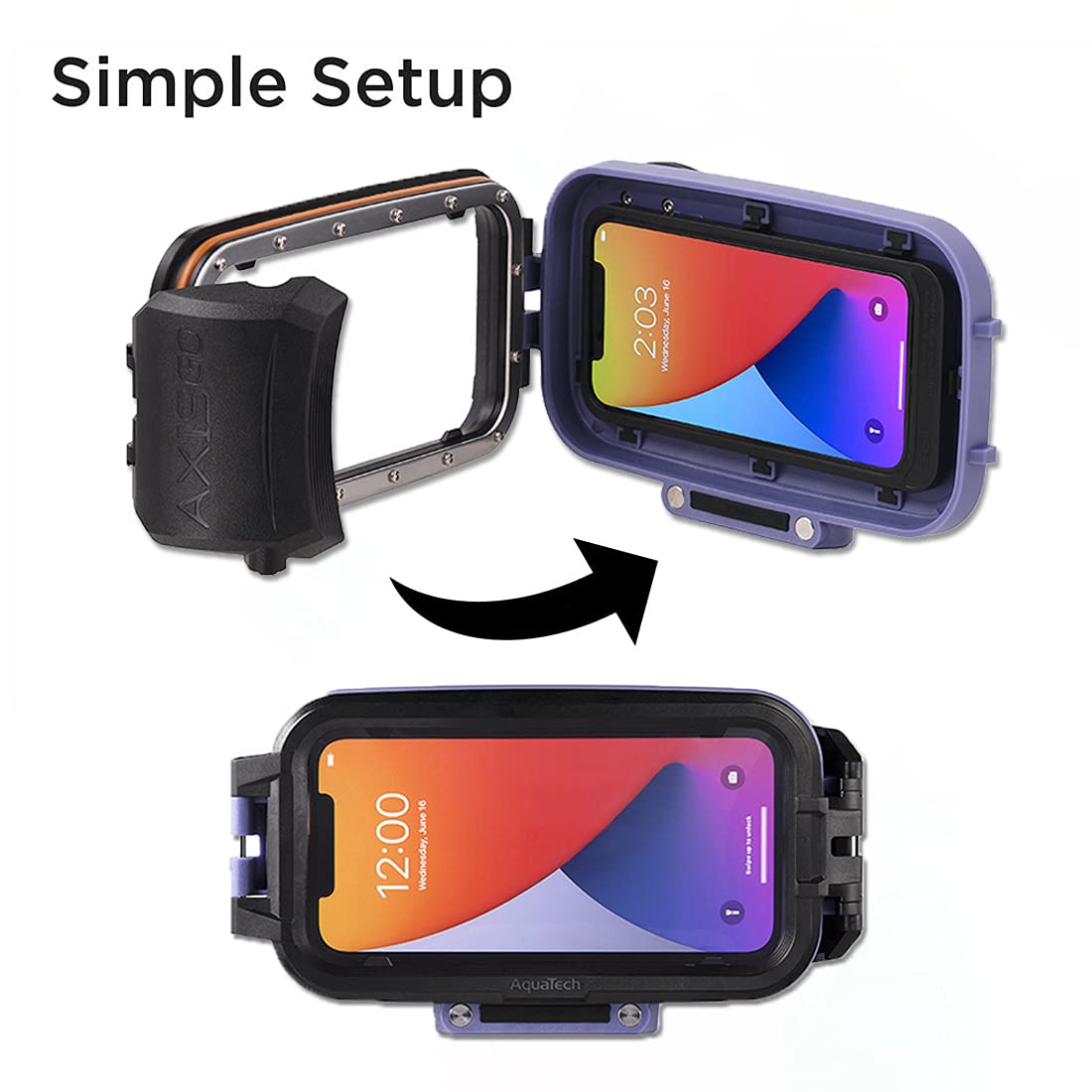 AquaTech AxisGO iPhone 12 Waterproof Phone Housing for Underwater Action Photography Snorkeling Surfing Travel Case - Astral Purple Bundle
