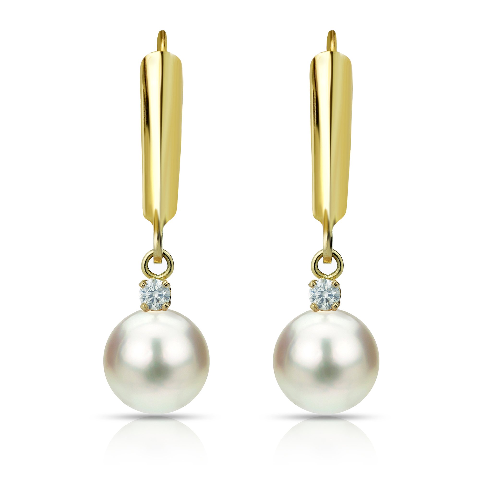 Amazon Collection 14k Yellow Gold 1/16cttw Diamond with 7-7.5mm Round White Freshwater Cultured Pearl Lever-Back Dangle Earrings