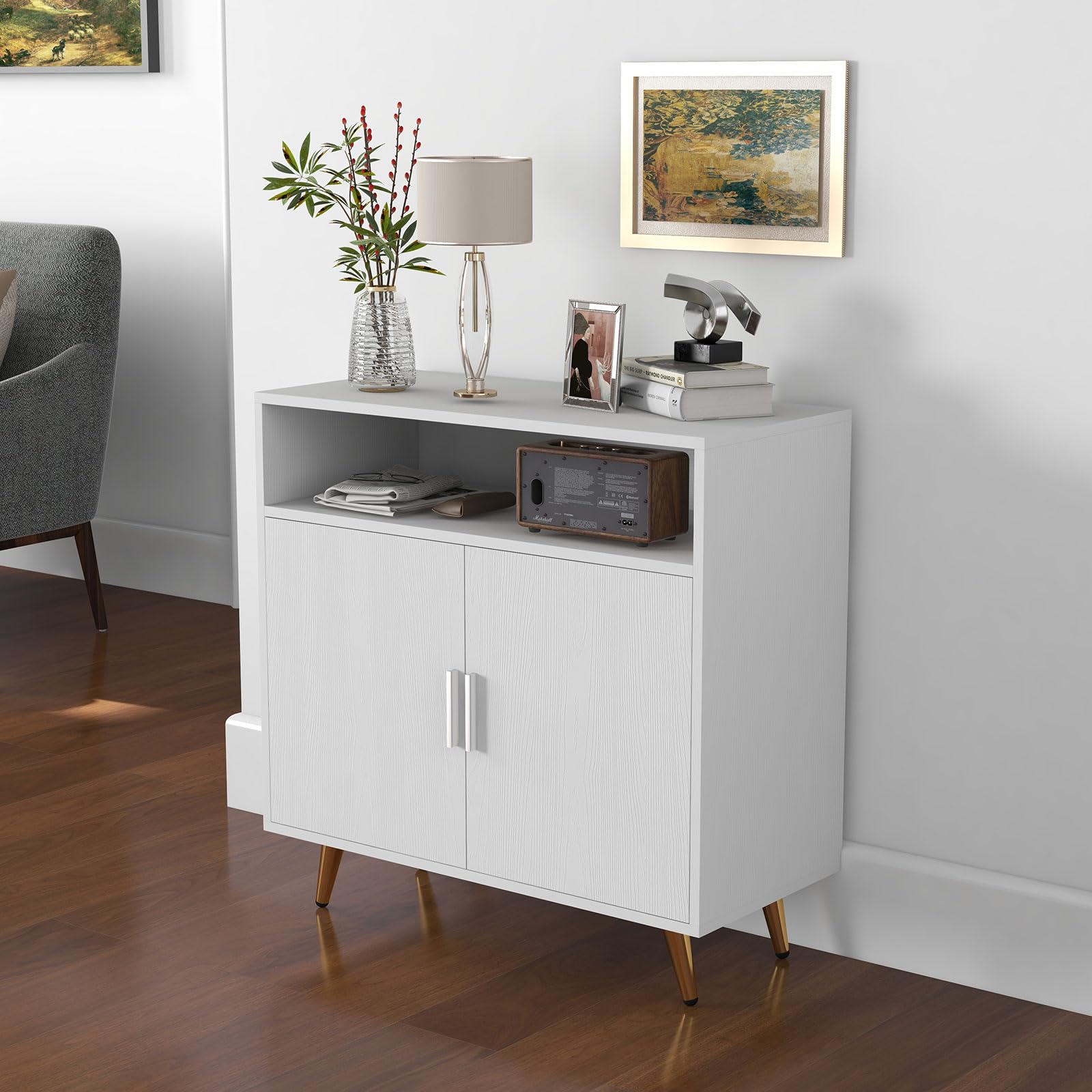Bonzy Home 4-Tier Storage Cabinet with Sensor Light, Shoe Cabinet with Doors and Shelves for Hallway, Living Room, White