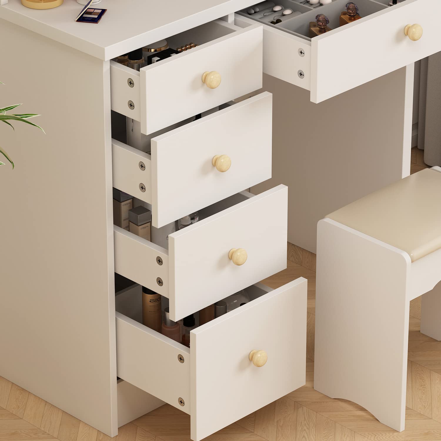 AGOTENI Makeup Vanity Set Dresser Desk with 5 Drawer and Shelf Round Mirror Dressing Table Vanity Set with Cushioned Stool for Bedroom, White
